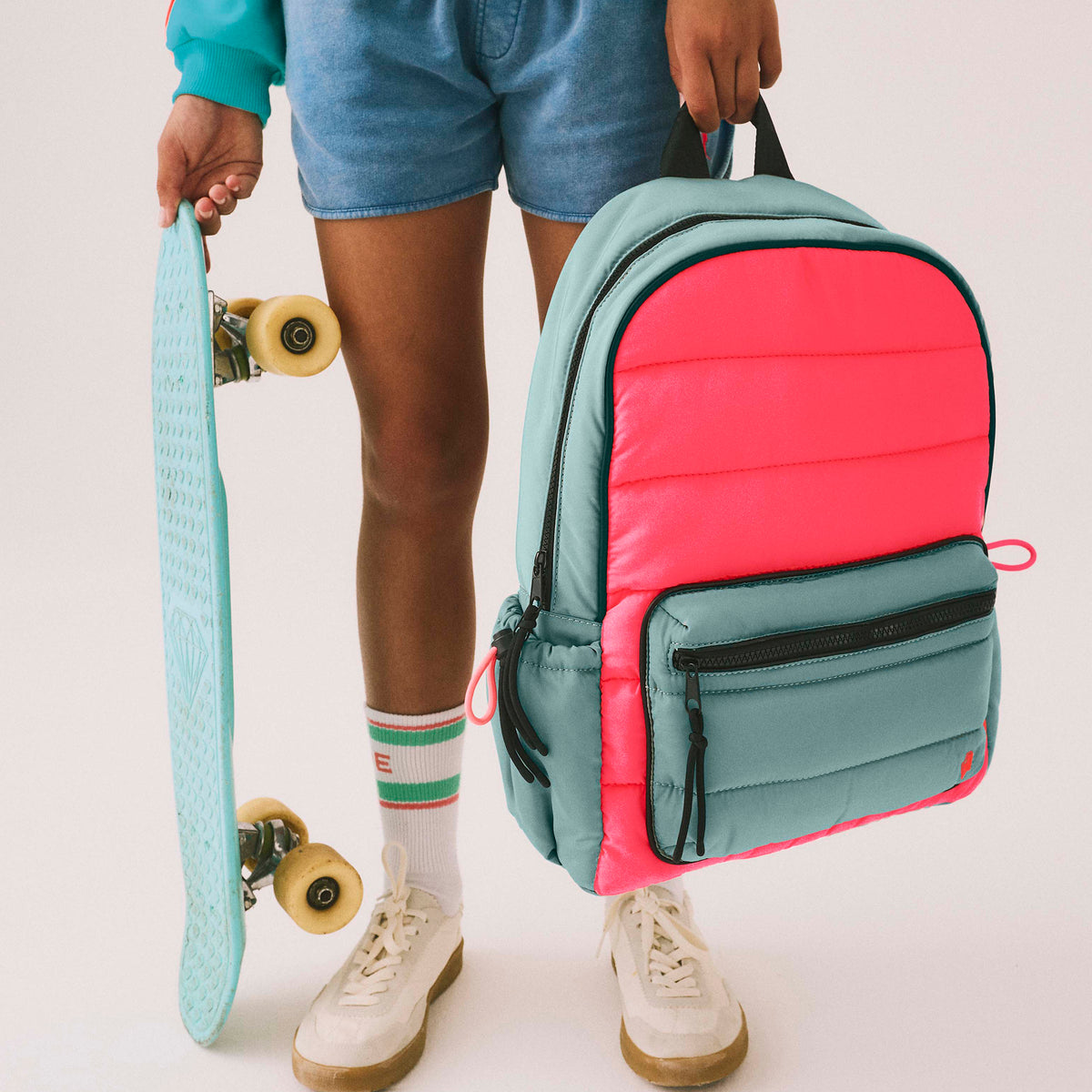 Khaki with Neon Coral Puffer Backpack Scamp & Dude