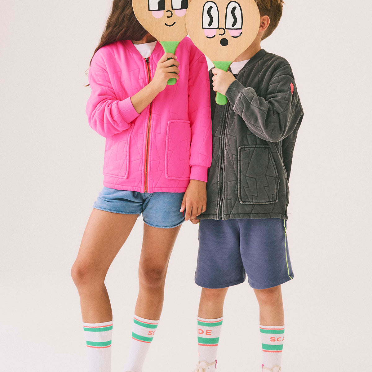 Kids Neon Pink Organic Cotton Quilted Lightning Bolt Jacket Scamp & Dude