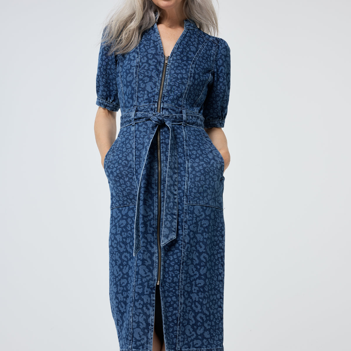 Authentic Indigo Leopard Zip Detail Midi Denim Dress Scamp & Dude