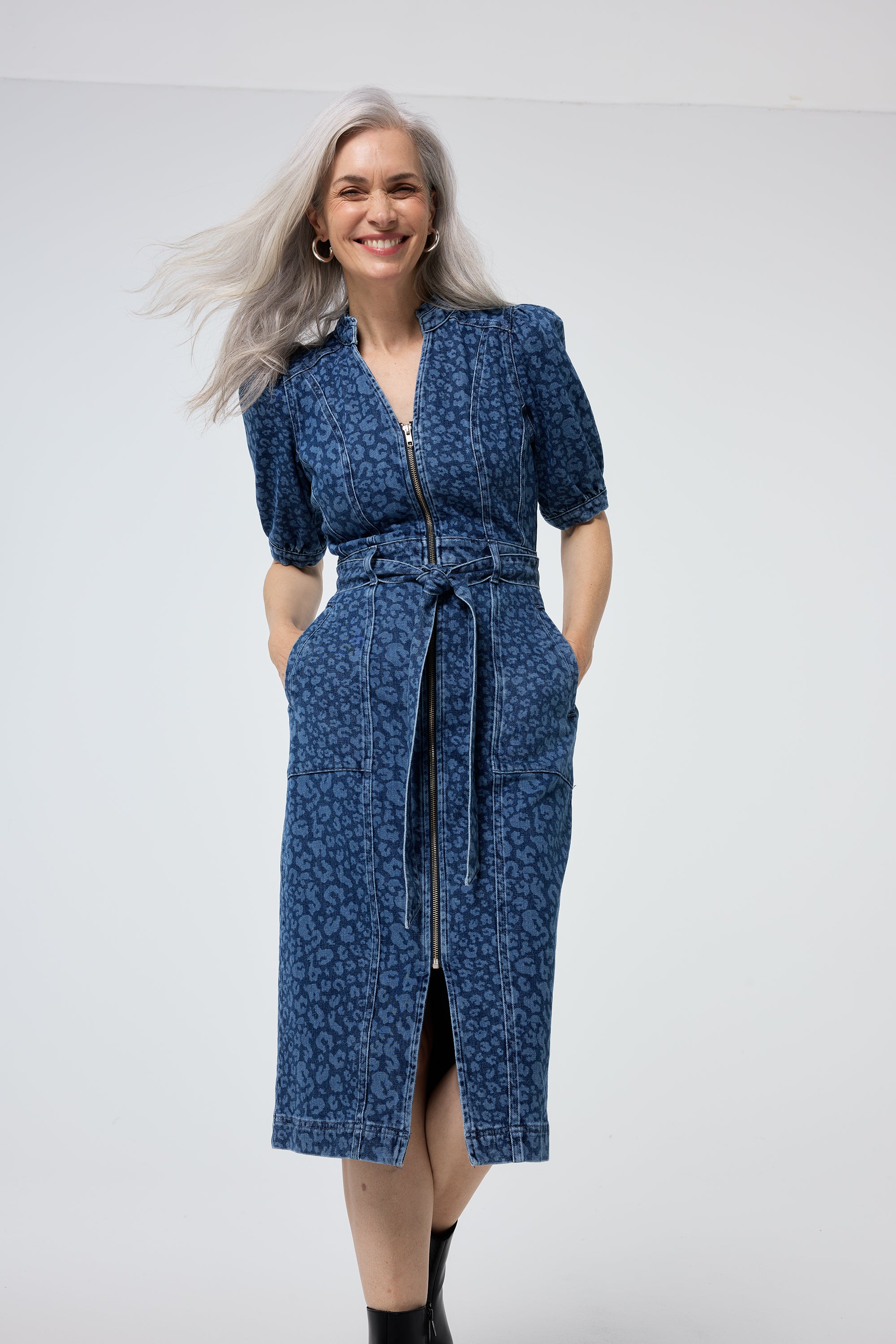 Authentic Indigo Leopard Zip Detail Midi Denim Dress Scamp & Dude