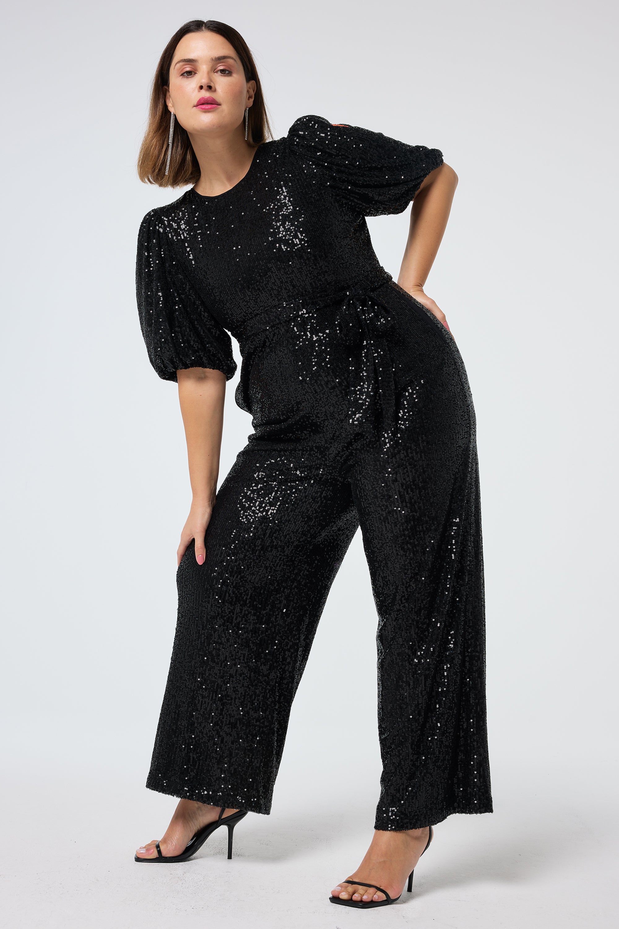 Black Sequin Puff Sleeve Wide Leg Jumpsuit Scamp & Dude