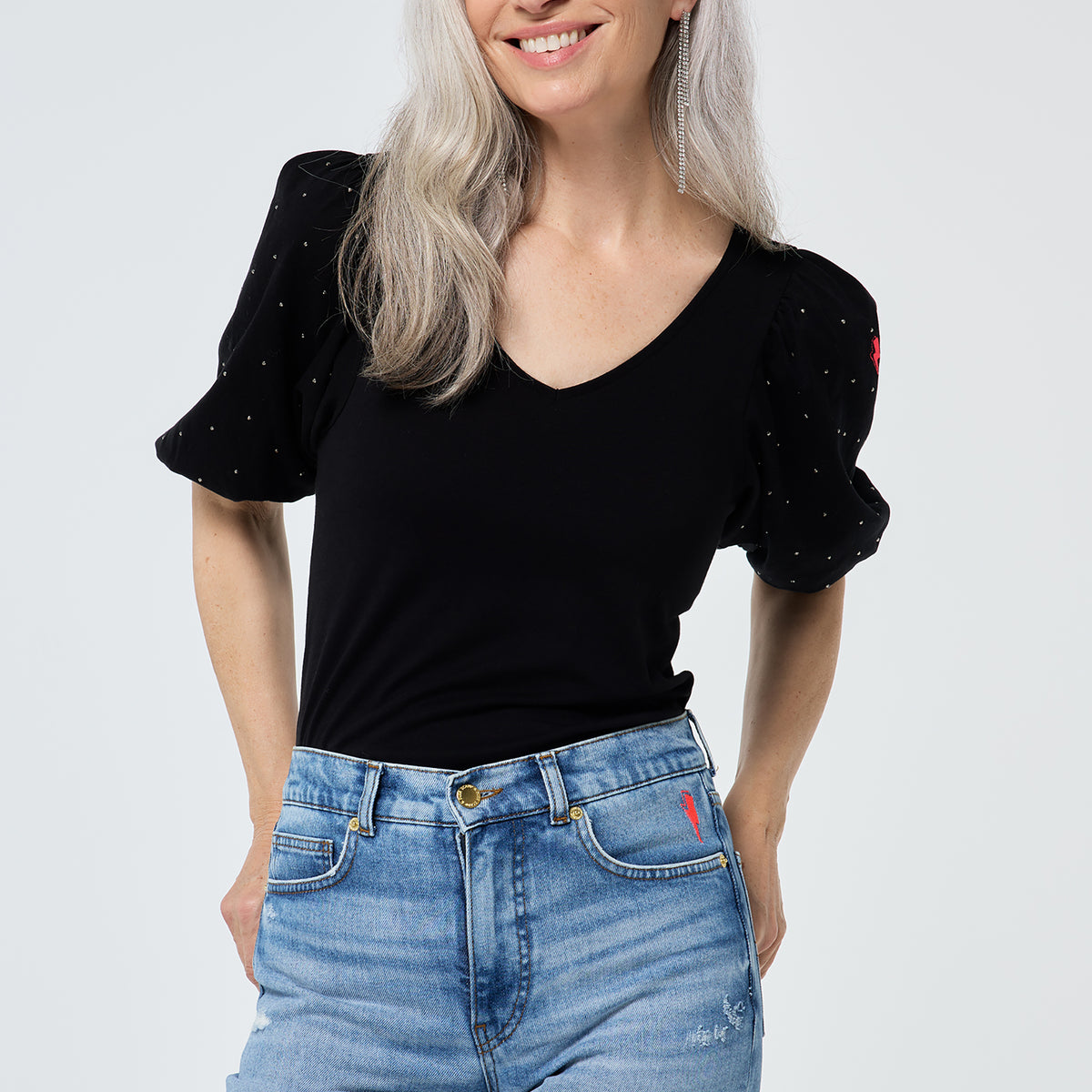 Black Studded V-Neck Puff Sleeve T-Shirt Scamp & Dude