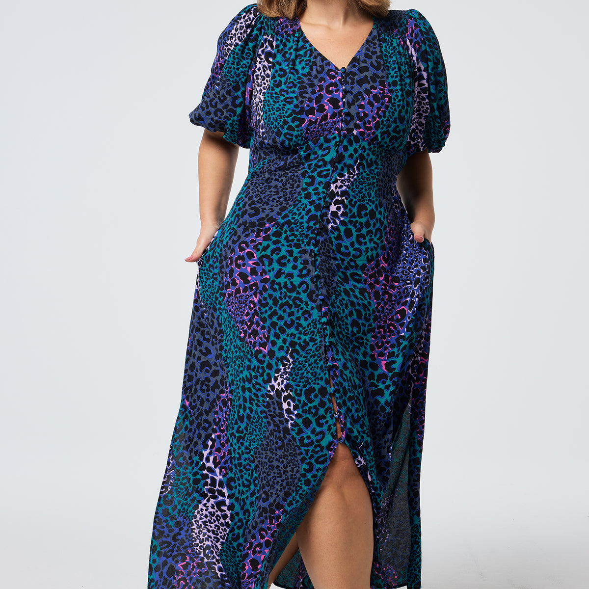 Blue with Green Spliced Leopard Puff Sleeve Midi Tea Dress Scamp & Dude