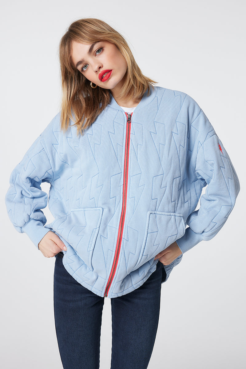 Blue Organic Cotton Quilted Lightning Bolt Oversized Bomber Jacket Scamp & Dude