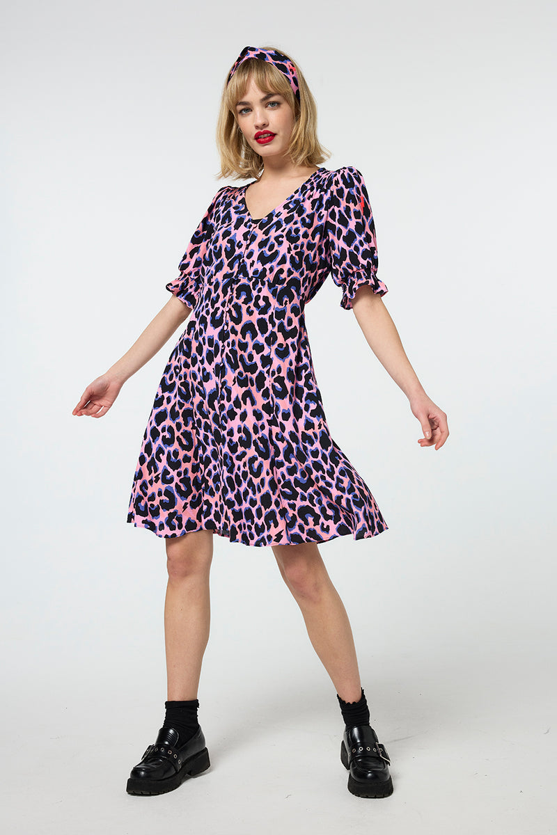 Pink with Blue and Black Shadow Leopard Button Through Short Dress ...
