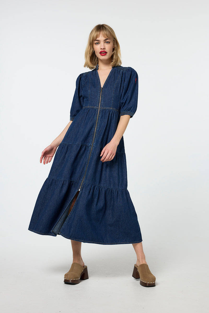 Authentic Indigo Zip Detail Tiered Midi Denim Dress Scamp & Dude