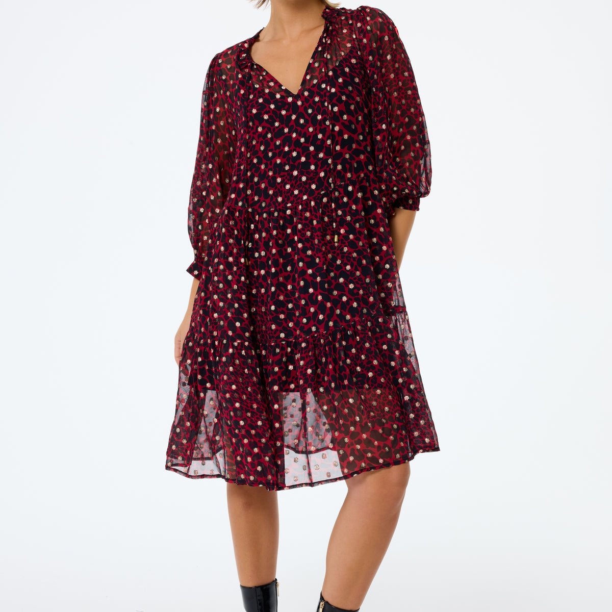 Red with Black and Gold Foil Chiffon Tiered Short Dress Scamp & Dude