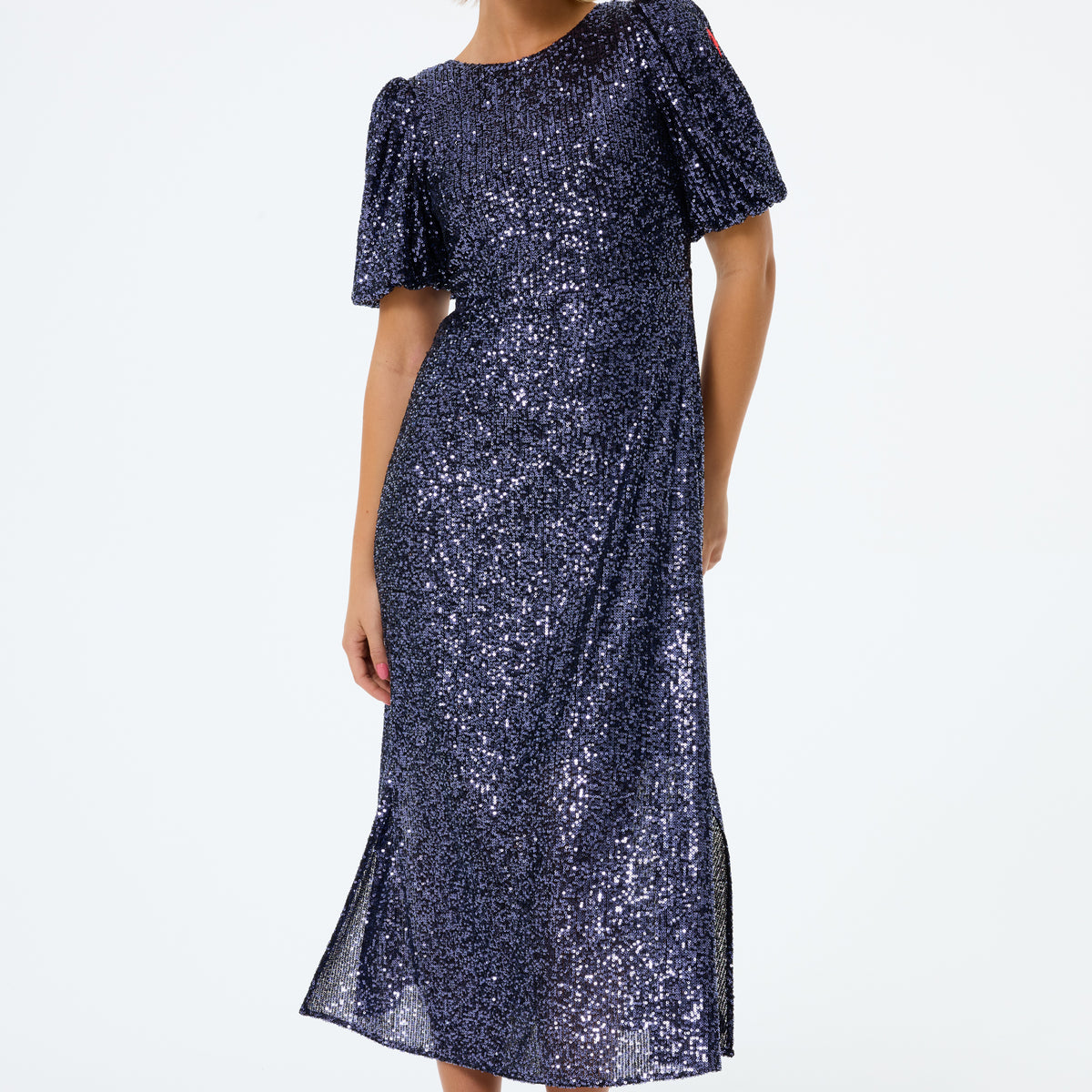 Navy Sequin Puff Sleeve Midi Dress Scamp & Dude