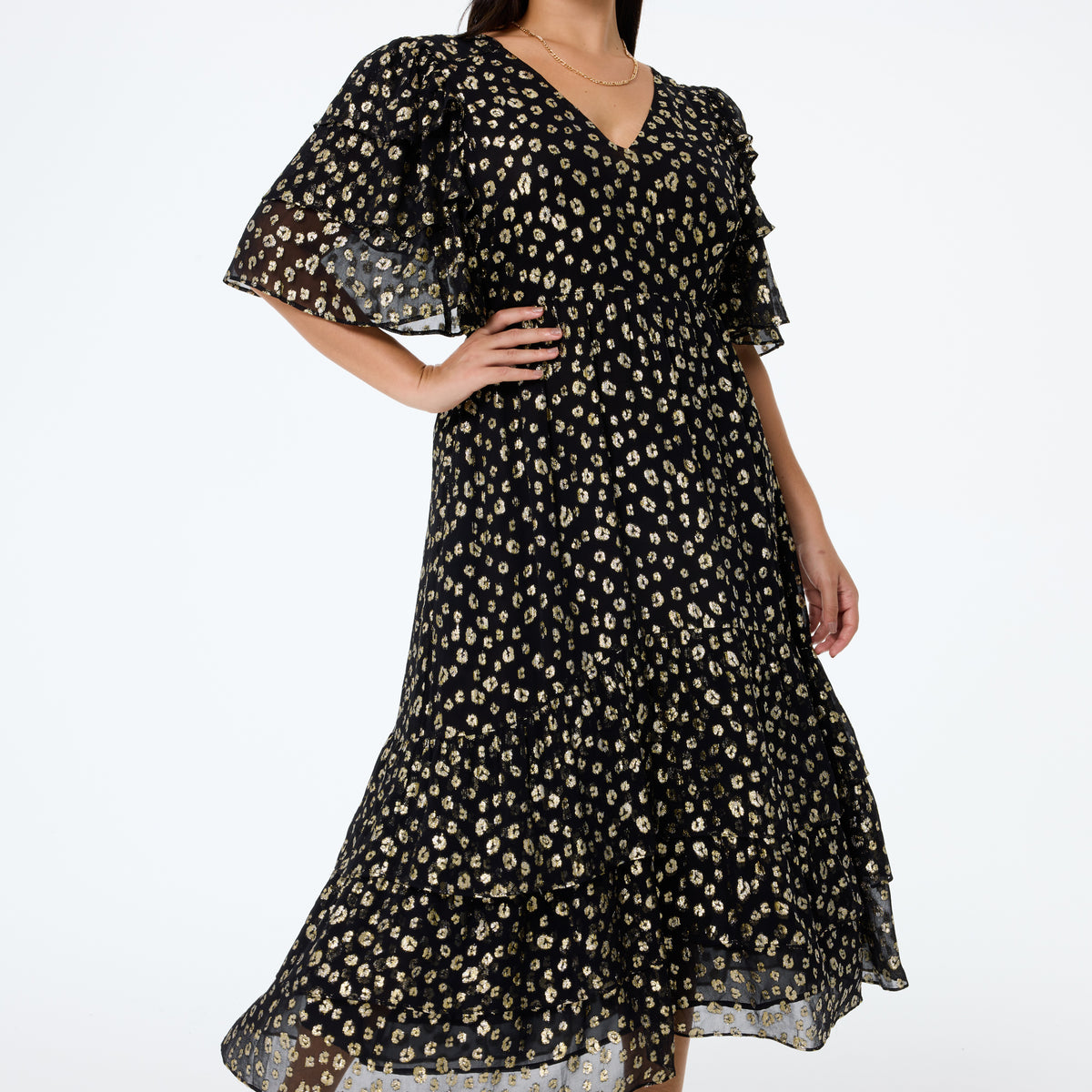 Black with Gold Spot Leopard Jacquard Ruffle Sleeve Tiered Midi Dress ...