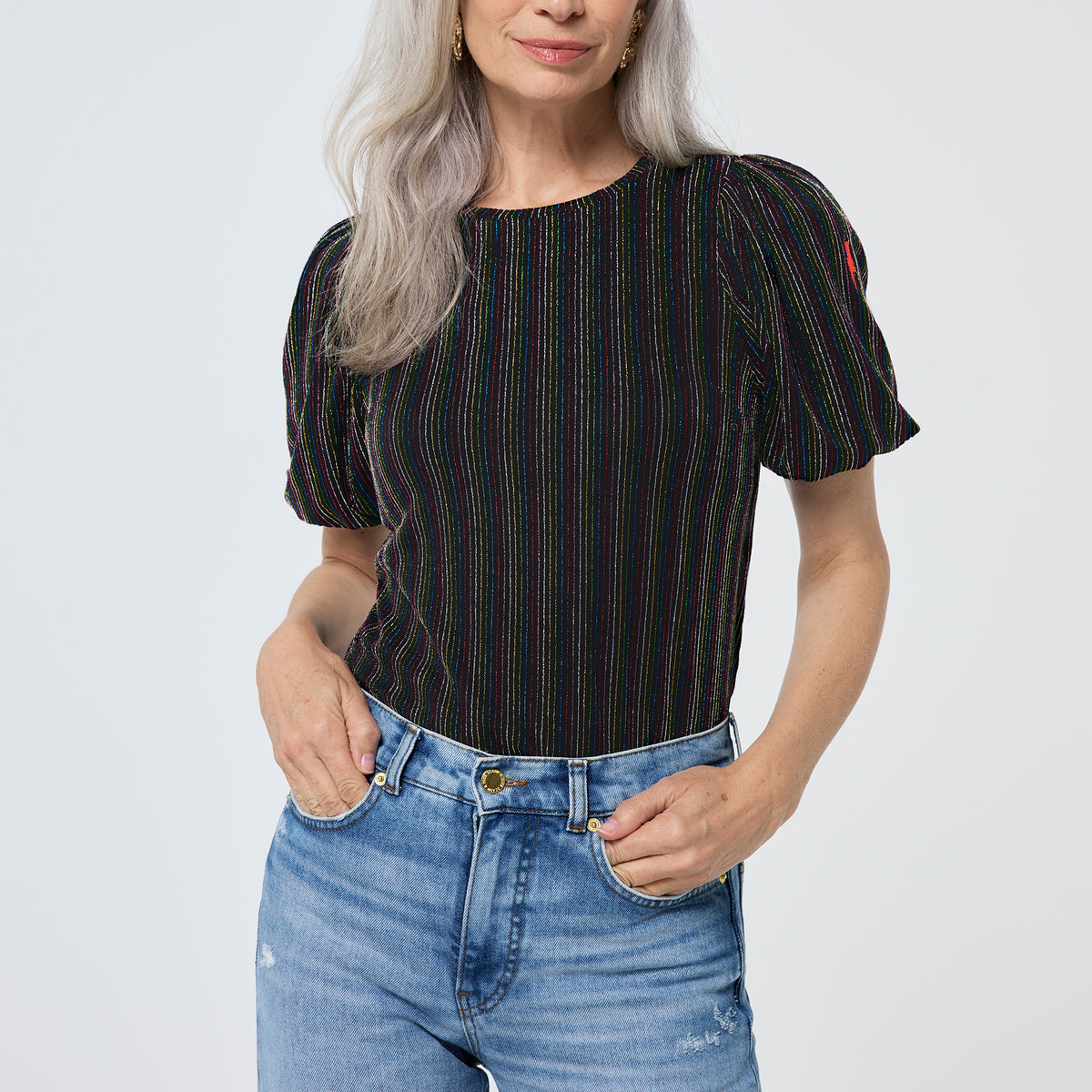 Black with Rainbow Lurex Stripe Puff Sleeve Top Scamp & Dude