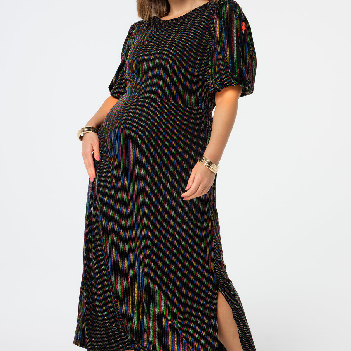 Black with Rainbow Metallic Stripe Puff Sleeve Midi Dress Scamp & Dude