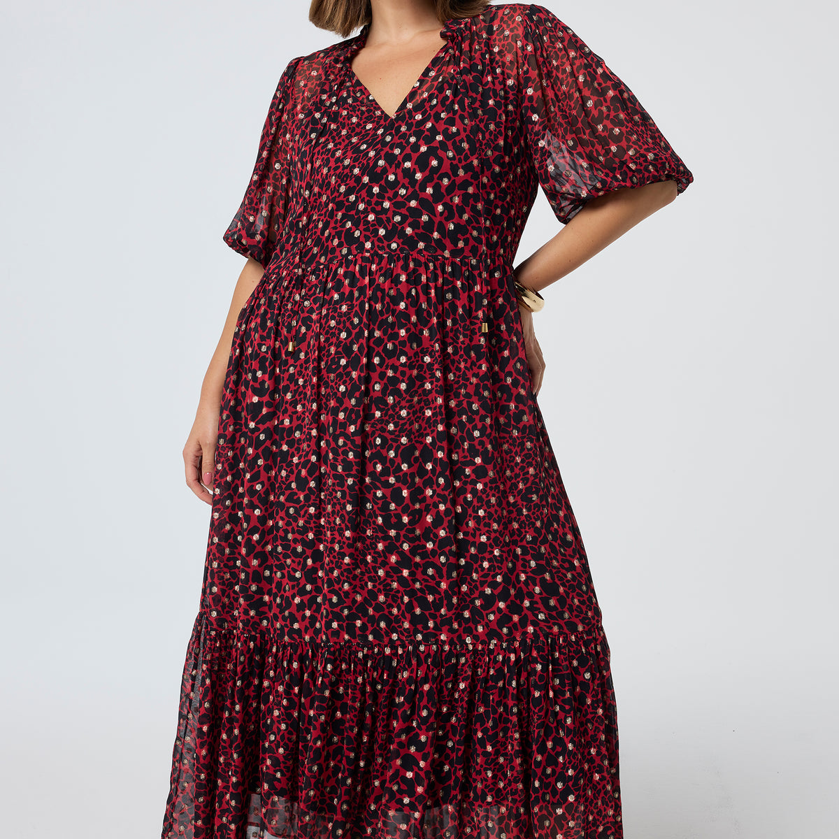 Red with Black and Gold Foil Chiffon Tiered Maxi Dress Scamp & Dude