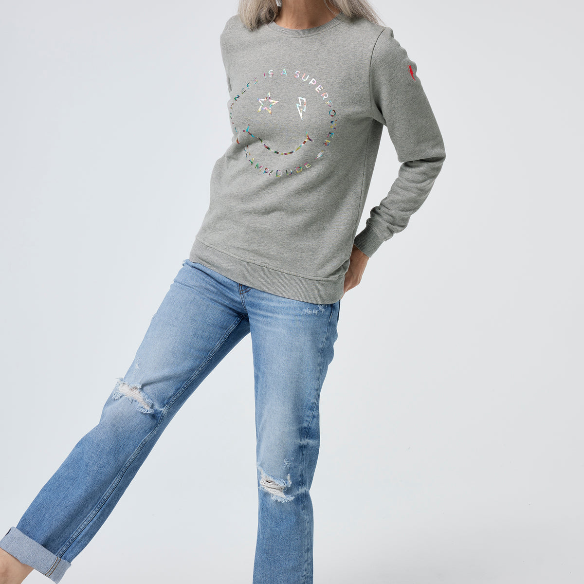 Grey Marl with Rainbow Foil Smiley Face Classic Sweatshirt Scamp & Dude