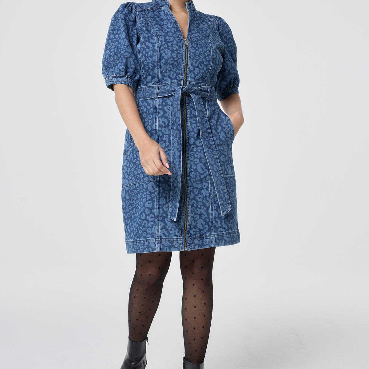 Authentic Indigo Leopard Zip Detail Short Denim Dress Scamp & Dude