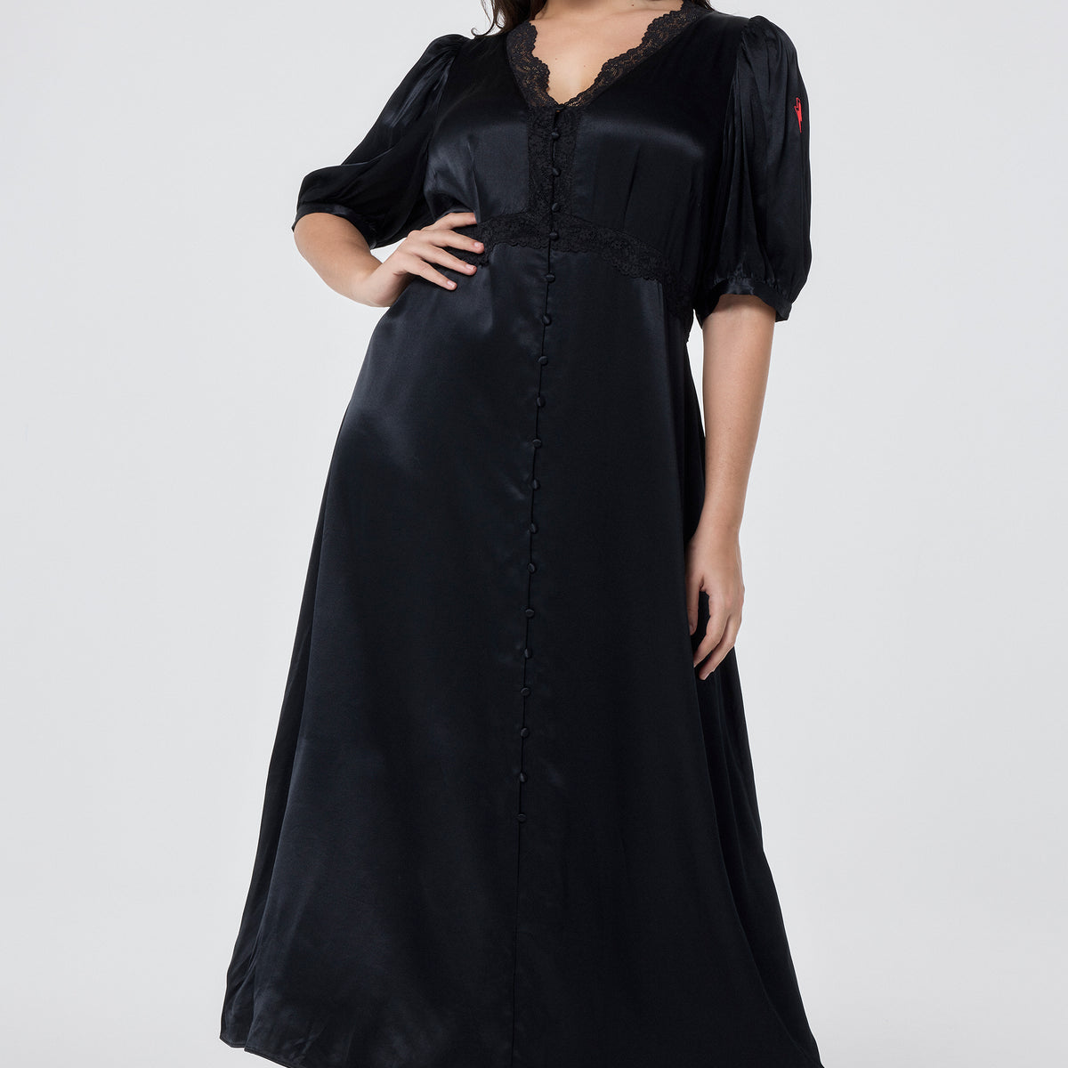 Black with Lace Trim Satin Puff Sleeve Midi Tea Dress Scamp & Dude