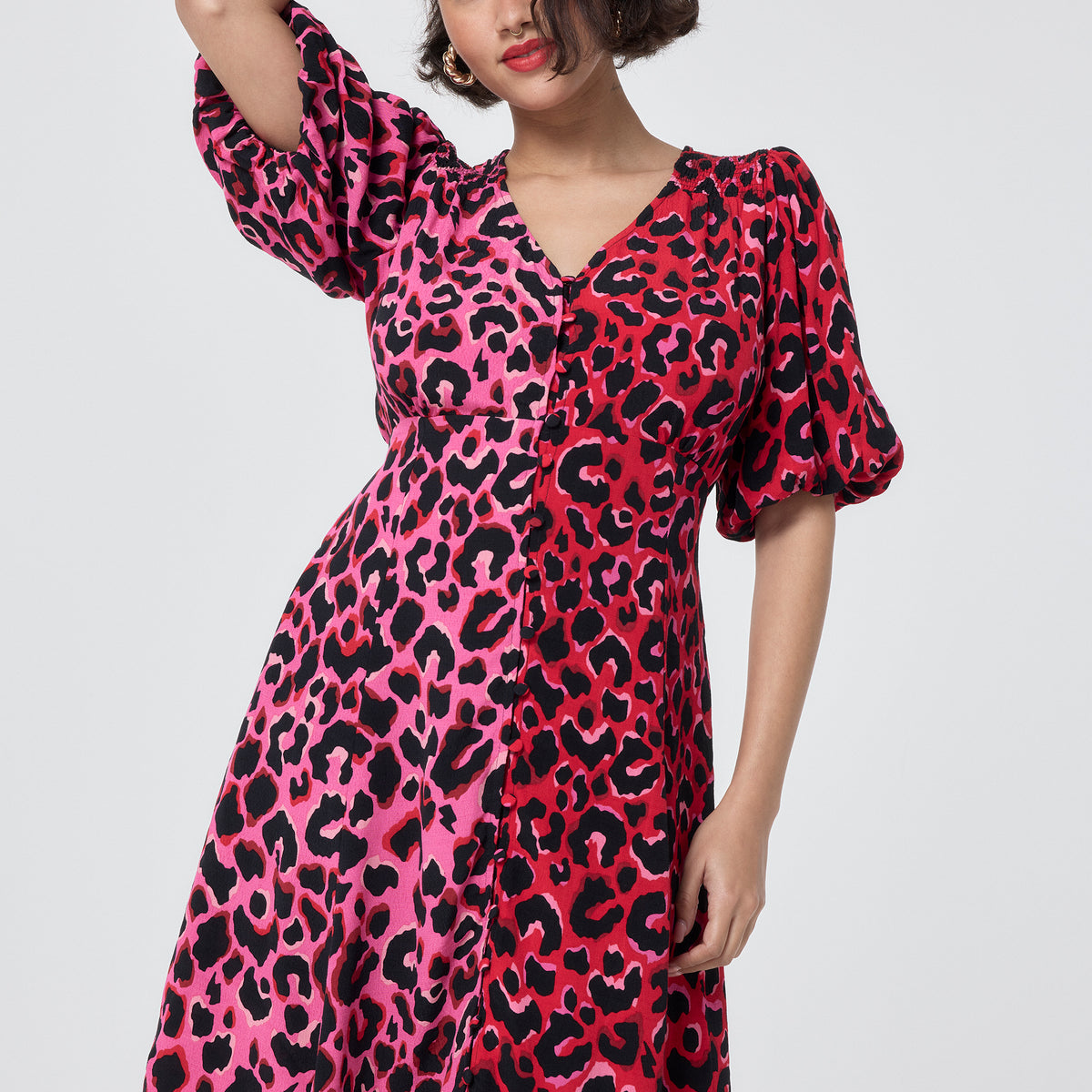 Red with Pink and Black Mix and Match Pop Leopard Puff Sleeve Short Tea ...