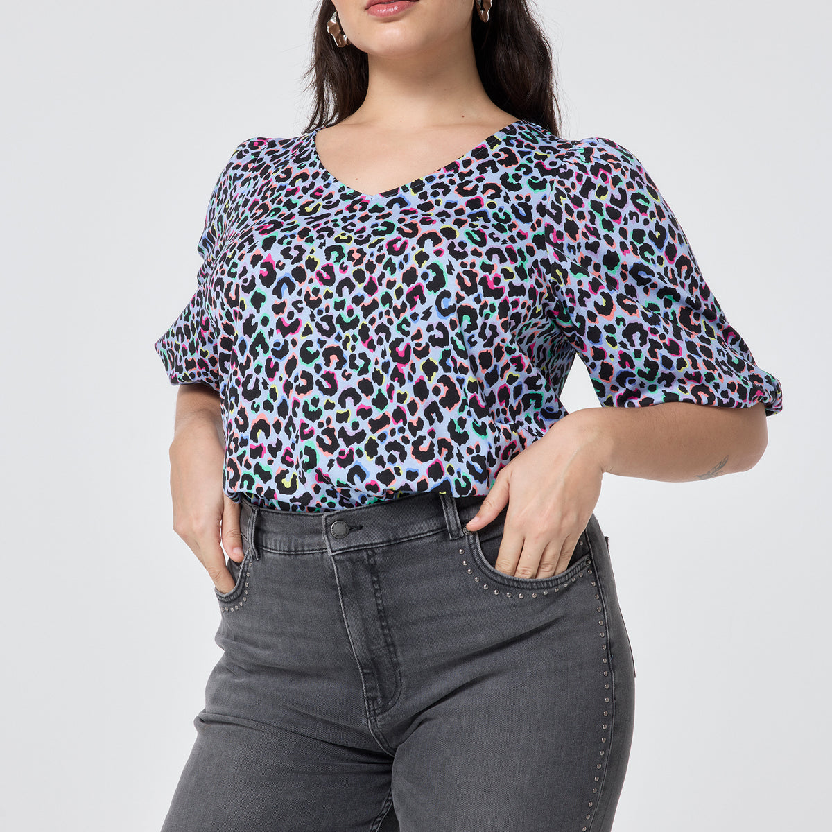 Light Blue with Rainbow Shadow Leopard V-Neck Puff Sleeve T-Shirt Scamp ...