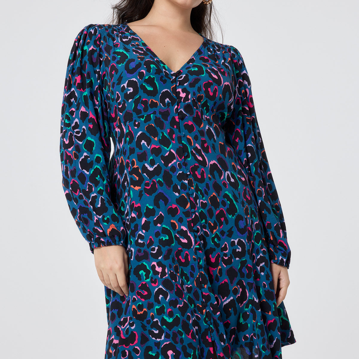 Teal with Rainbow Shadow Leopard Blouson Sleeve Godet Short Dress Scamp ...