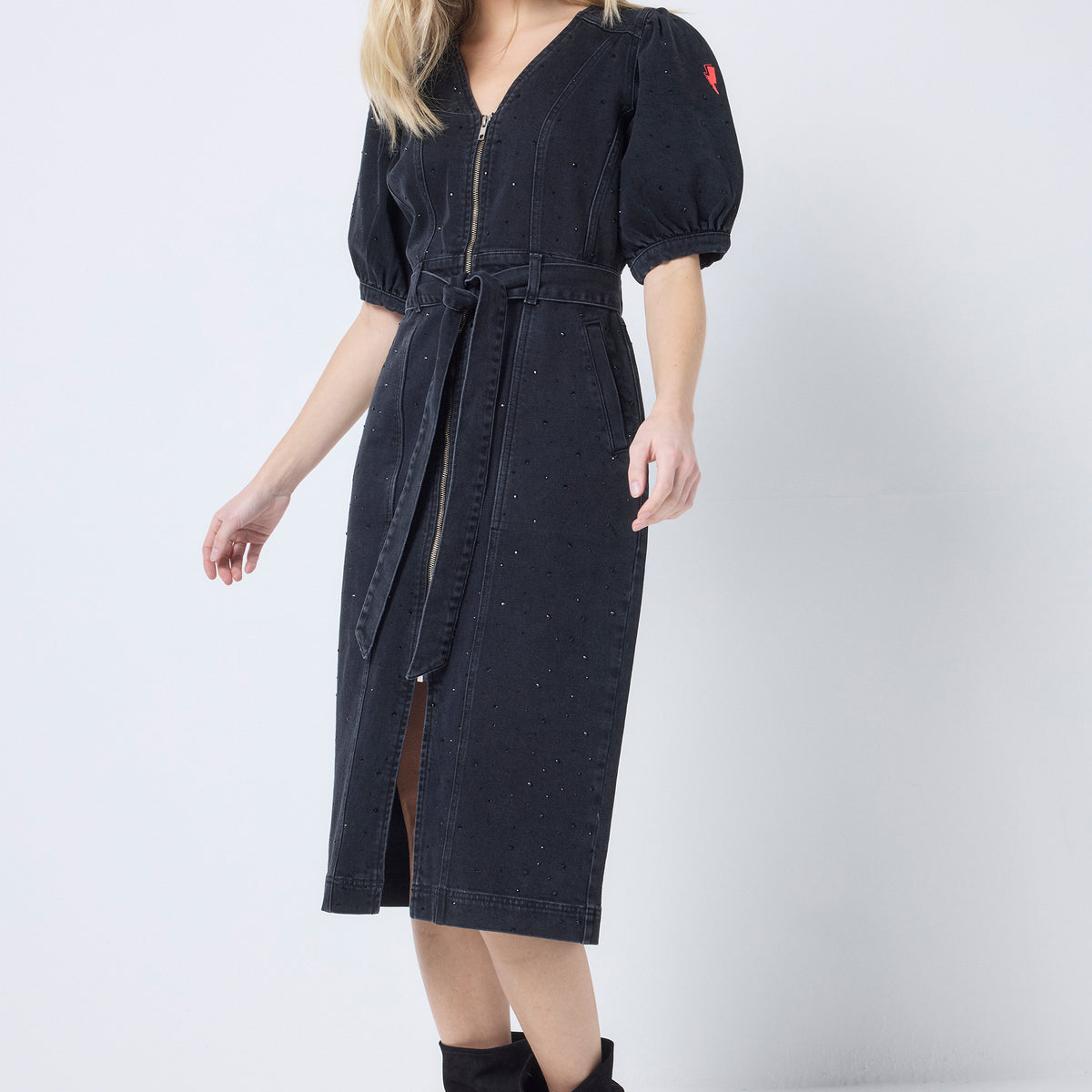 Washed Black Embellished Zip Detail Denim Dress Scamp & Dude