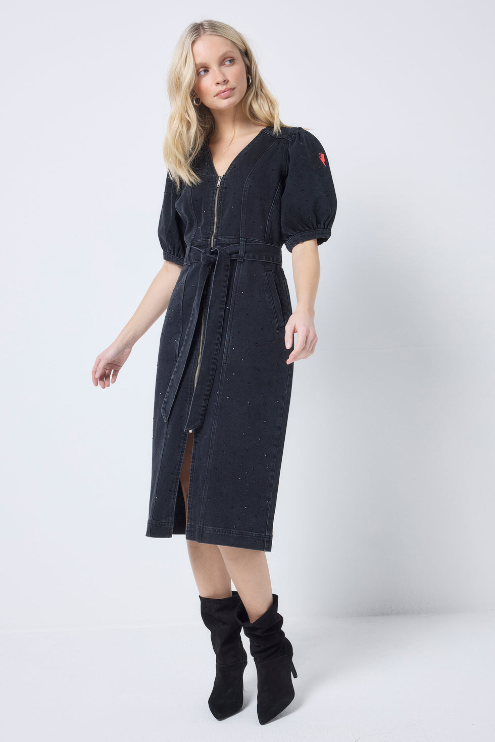 Washed Black Embellished Zip Detail Denim Dress Scamp & Dude