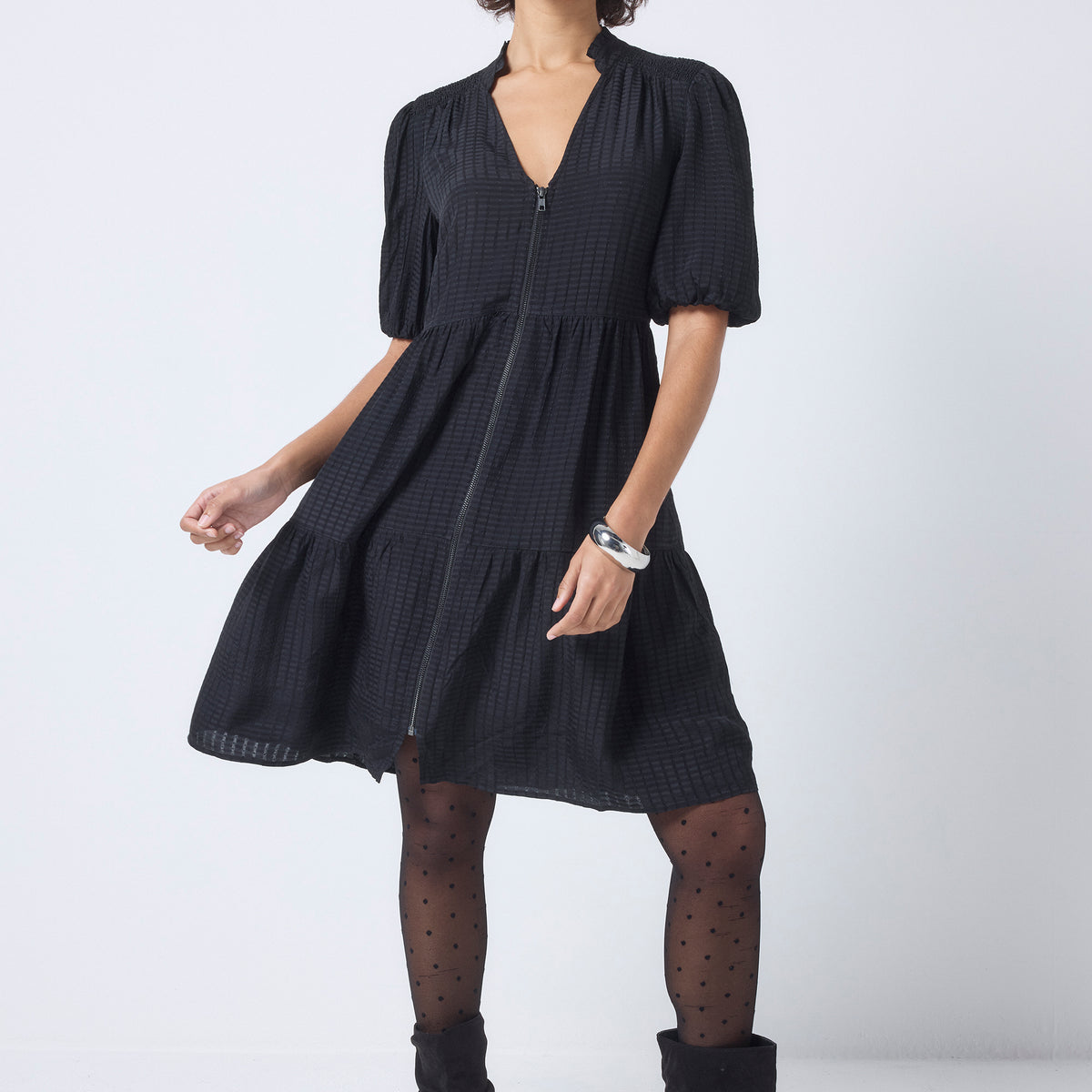 Black Textured Zip Detail Tiered Short Dress Scamp & Dude
