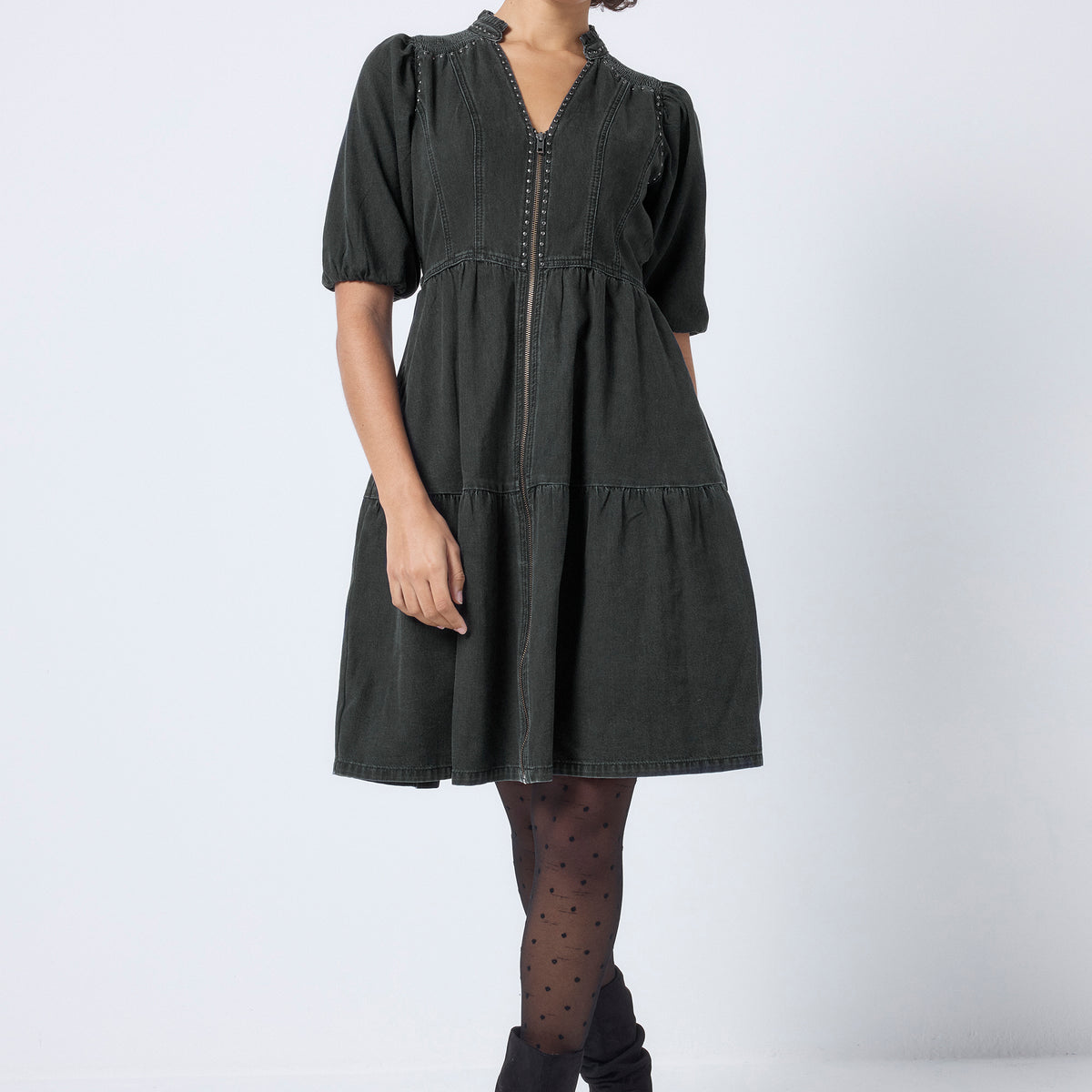 Washed Black Studded Zip Detail Tiered Short Denim Dress Scamp & Dude