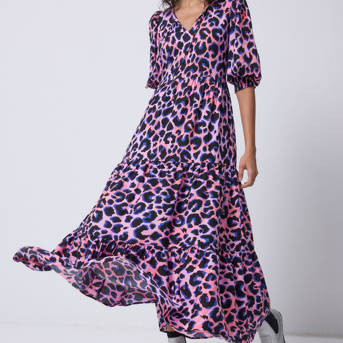 Pink with Blue and Black Shadow Leopard Tie Front Maxi Dress Scamp & Dude