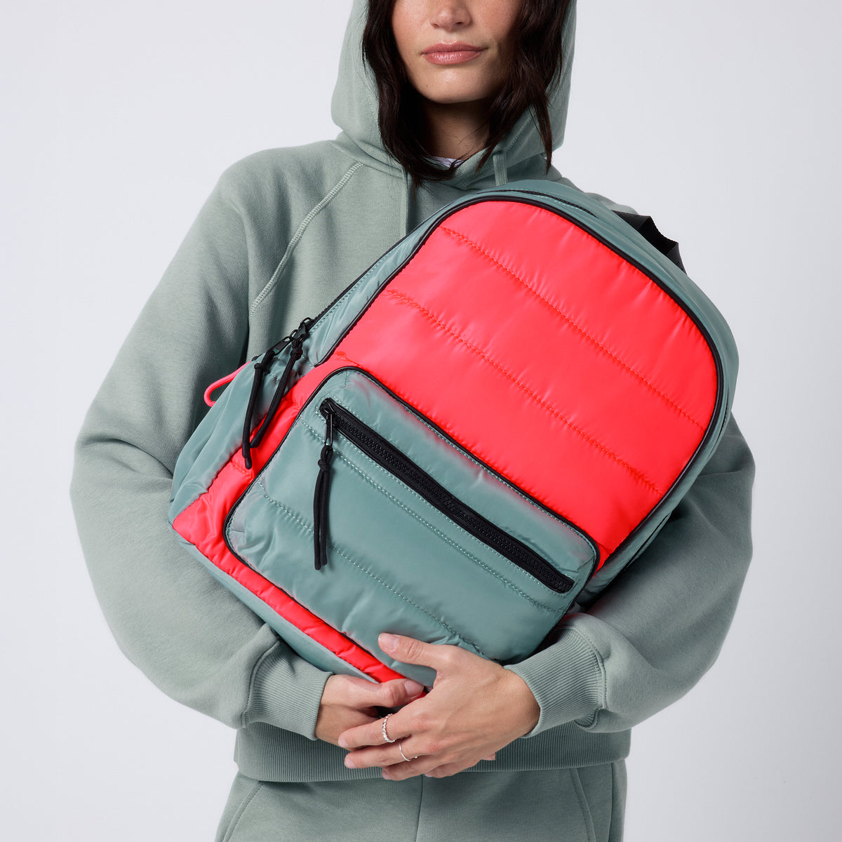 Khaki with Neon Coral Puffer Backpack Scamp & Dude