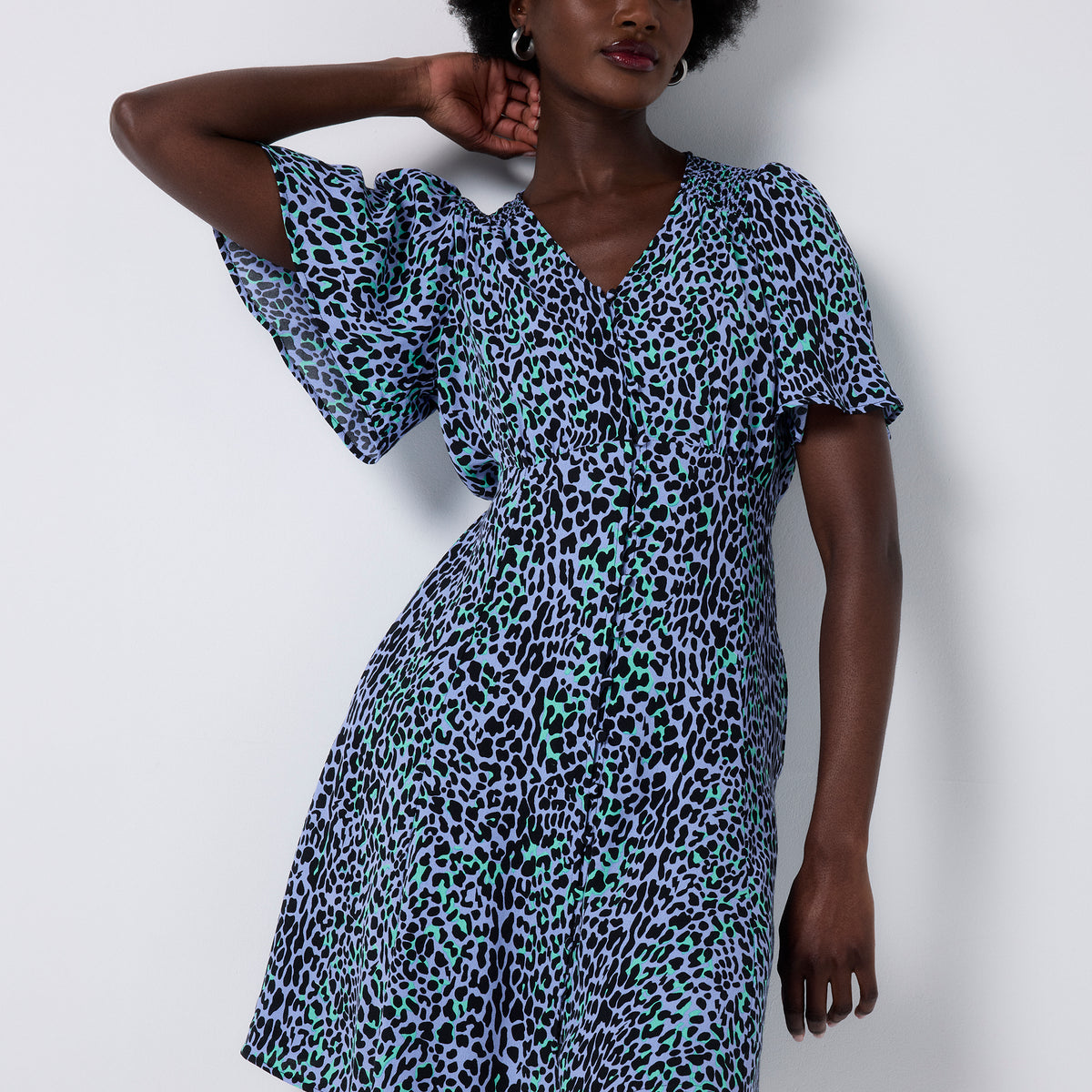 Blue with Black Leopard Angel Sleeve Short Tea Dress Scamp & Dude