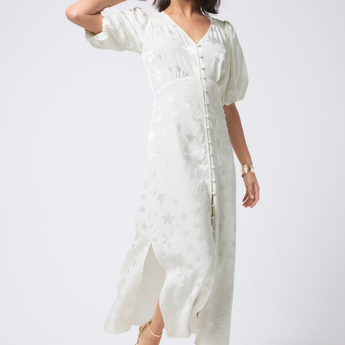 White Jacquard Star Puff Sleeve Midi Tea Dress Scamp & Dude