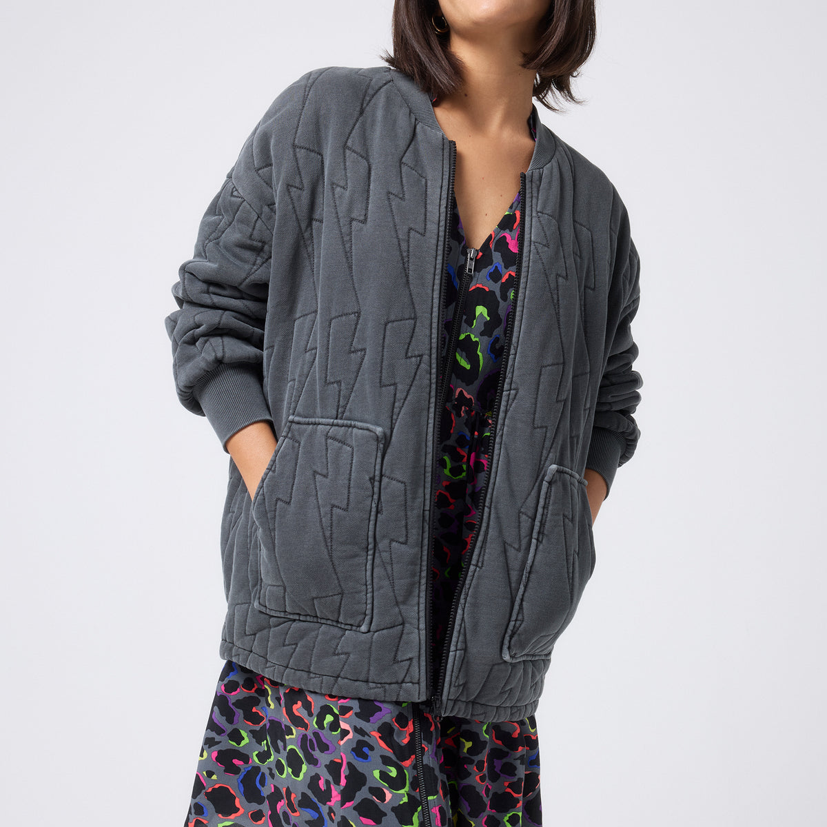Washed Black Organic Cotton Quilted Lightning Bolt Oversized Bomber ...