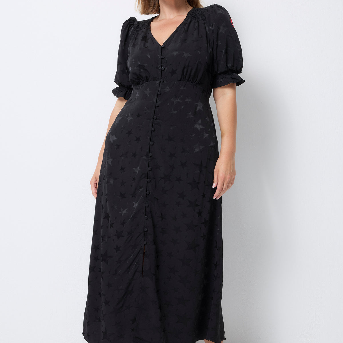 Black Jacquard Star Button Through Midi Dress Scamp & Dude