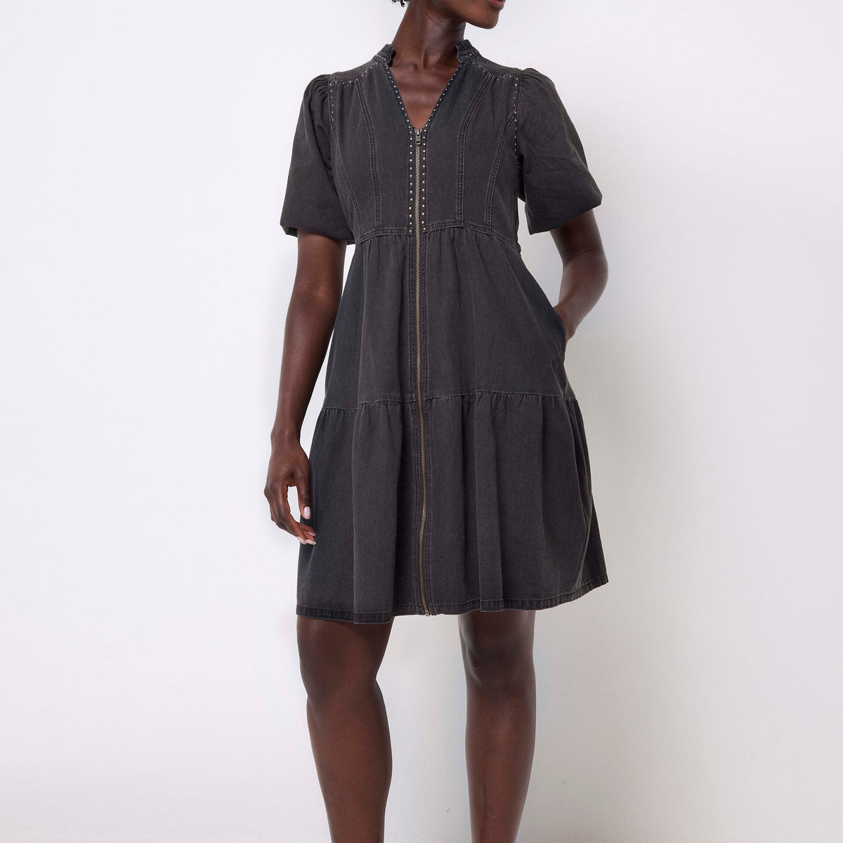 Washed Black Studded Zip Detail Tiered Short Denim Dress Scamp & Dude