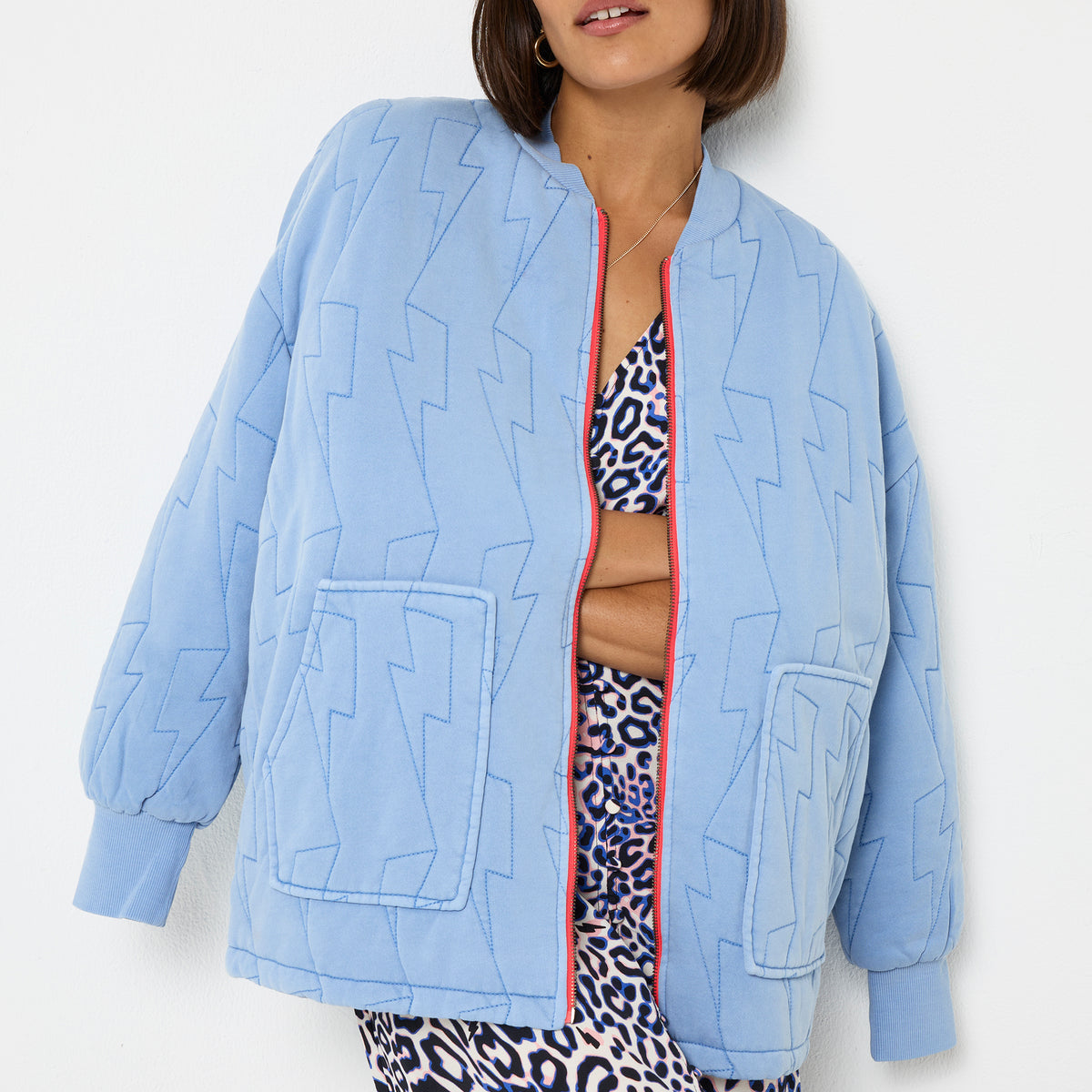 Blue Organic Cotton Quilted Lightning Bolt Oversized Bomber Jacket ...