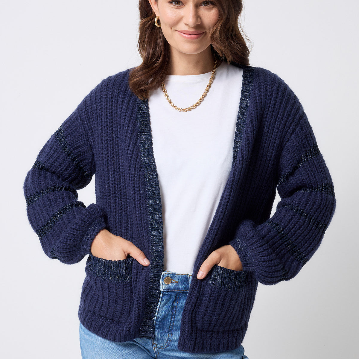 Navy Lurex Stripe Edge to Edge Cardigan Scamp & Dude