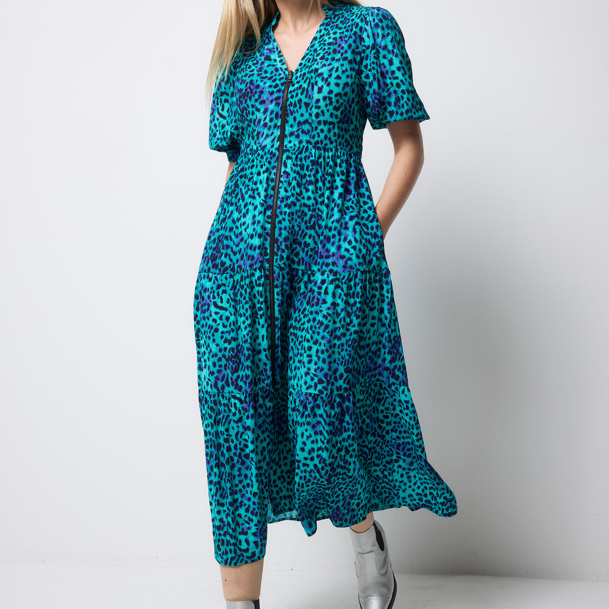 Turquoise with Blue Cheetah Zip Front Midi Tiered Dress Scamp & Dude
