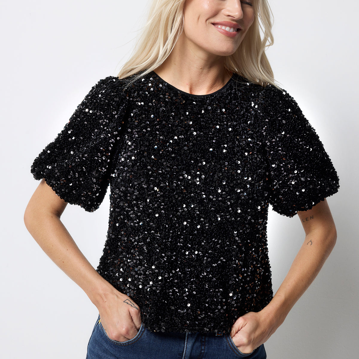 Black Sequin Tie Back Puff Sleeve Velvet Blouse Scamp & Dude