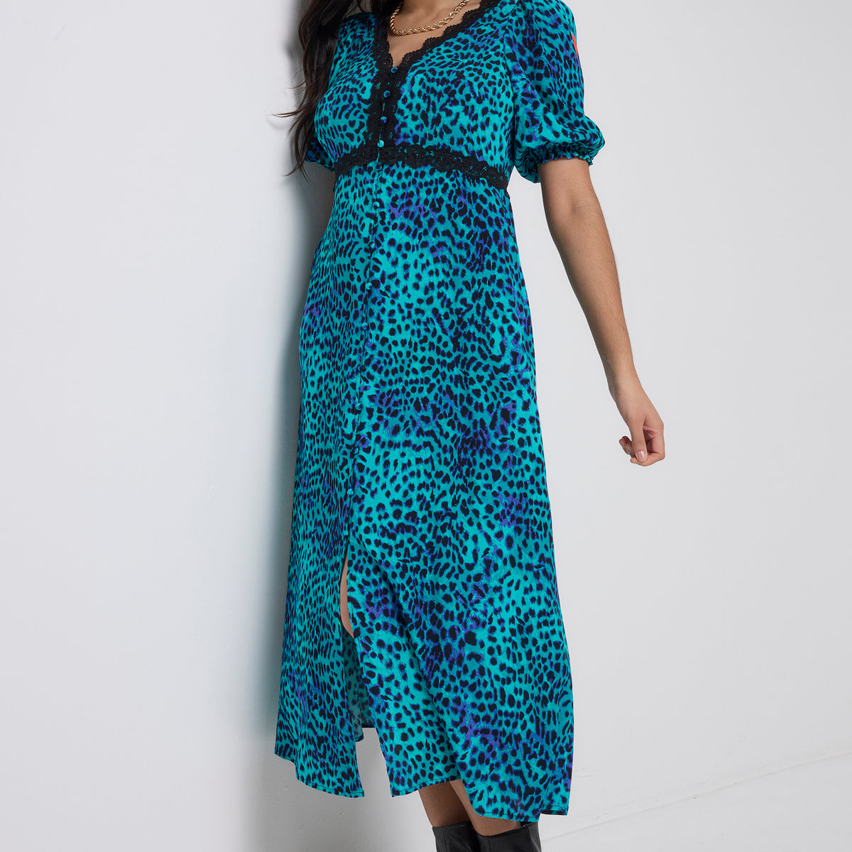 Turquoise with Blue Cheetah Lace Trim Puff Sleeve Midi Tea Dress ...