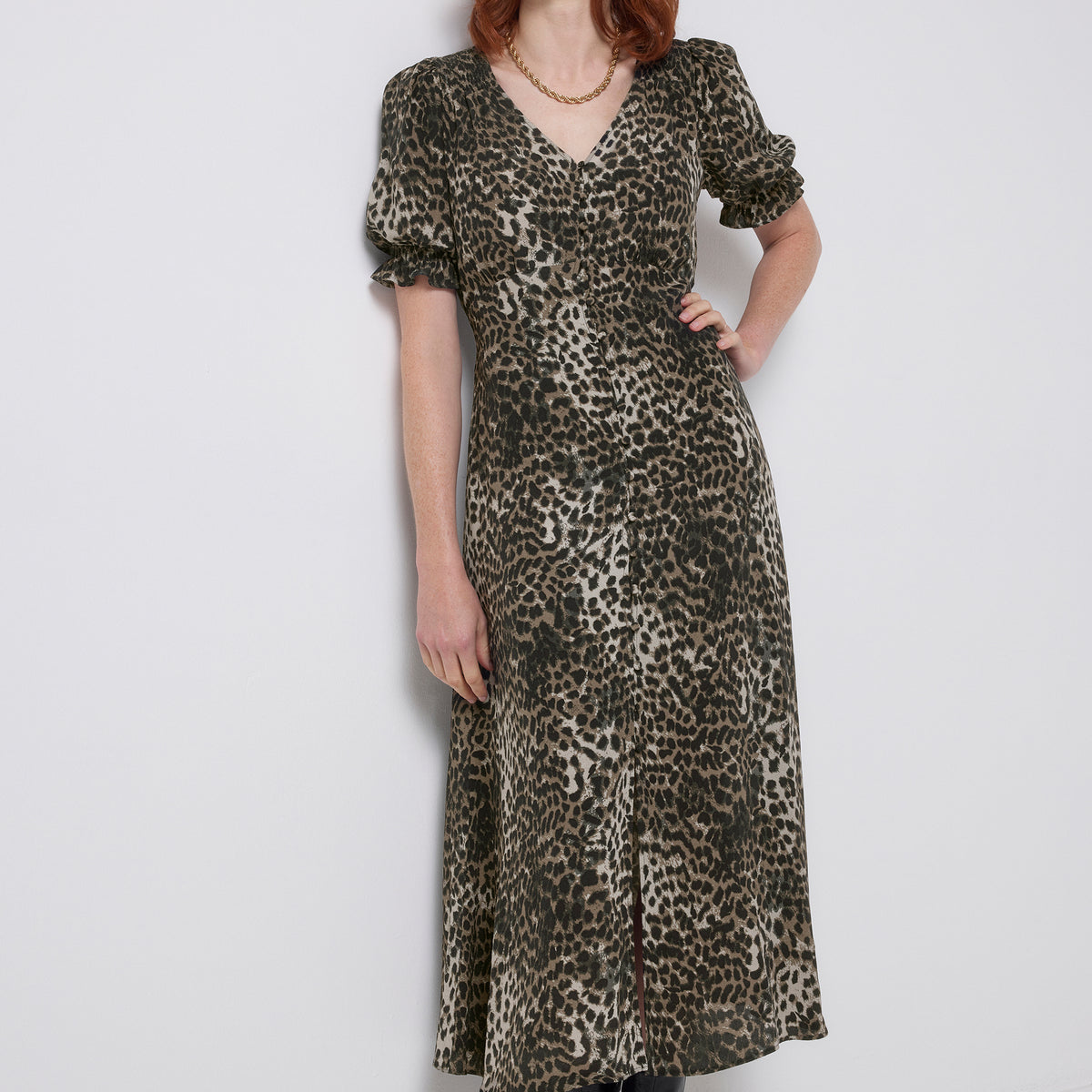 Khaki Cheetah Flute Sleeve Midi Tea Dress Scamp & Dude