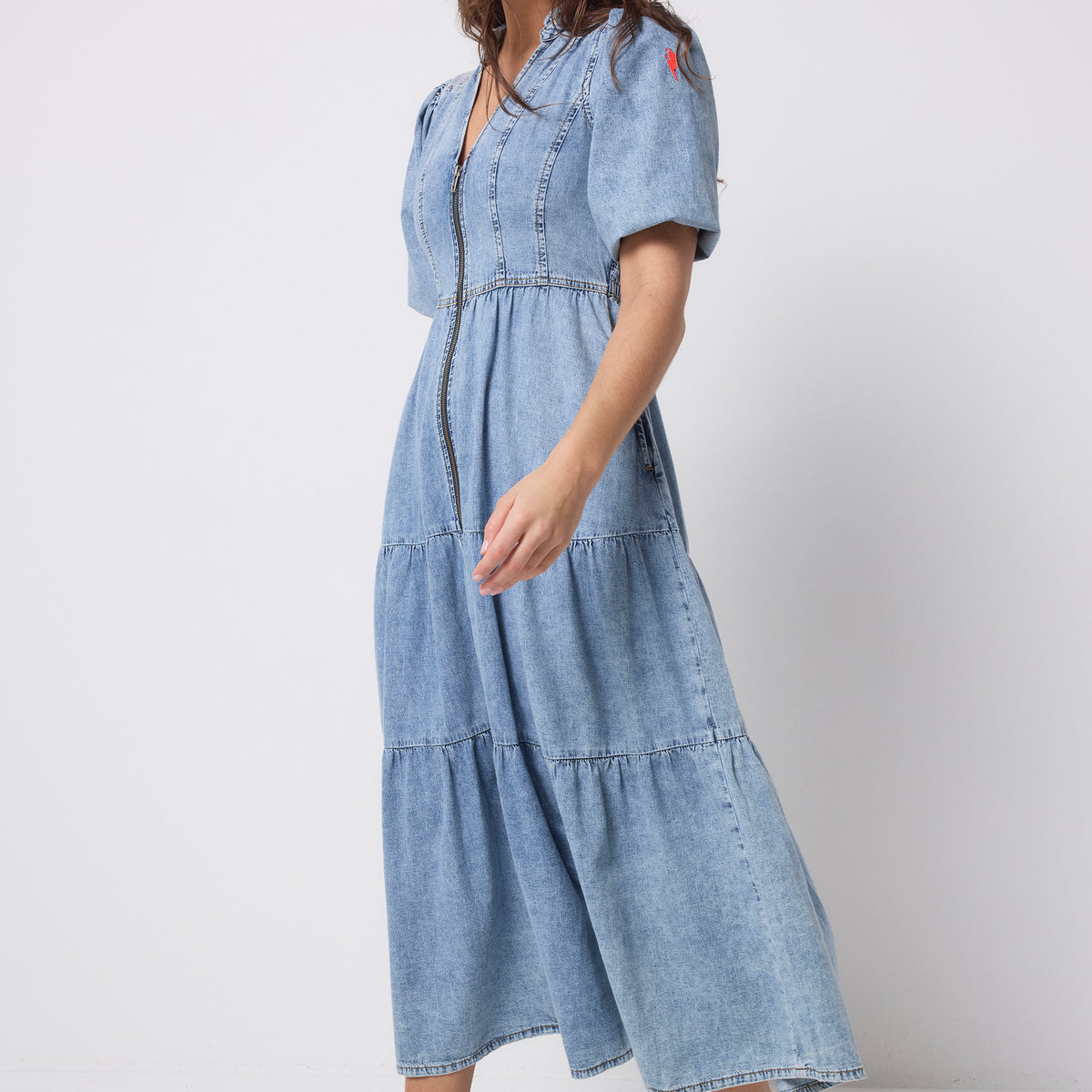 Pale Indigo Zip Detail Tiered Midi Denim Dress Scamp & Dude