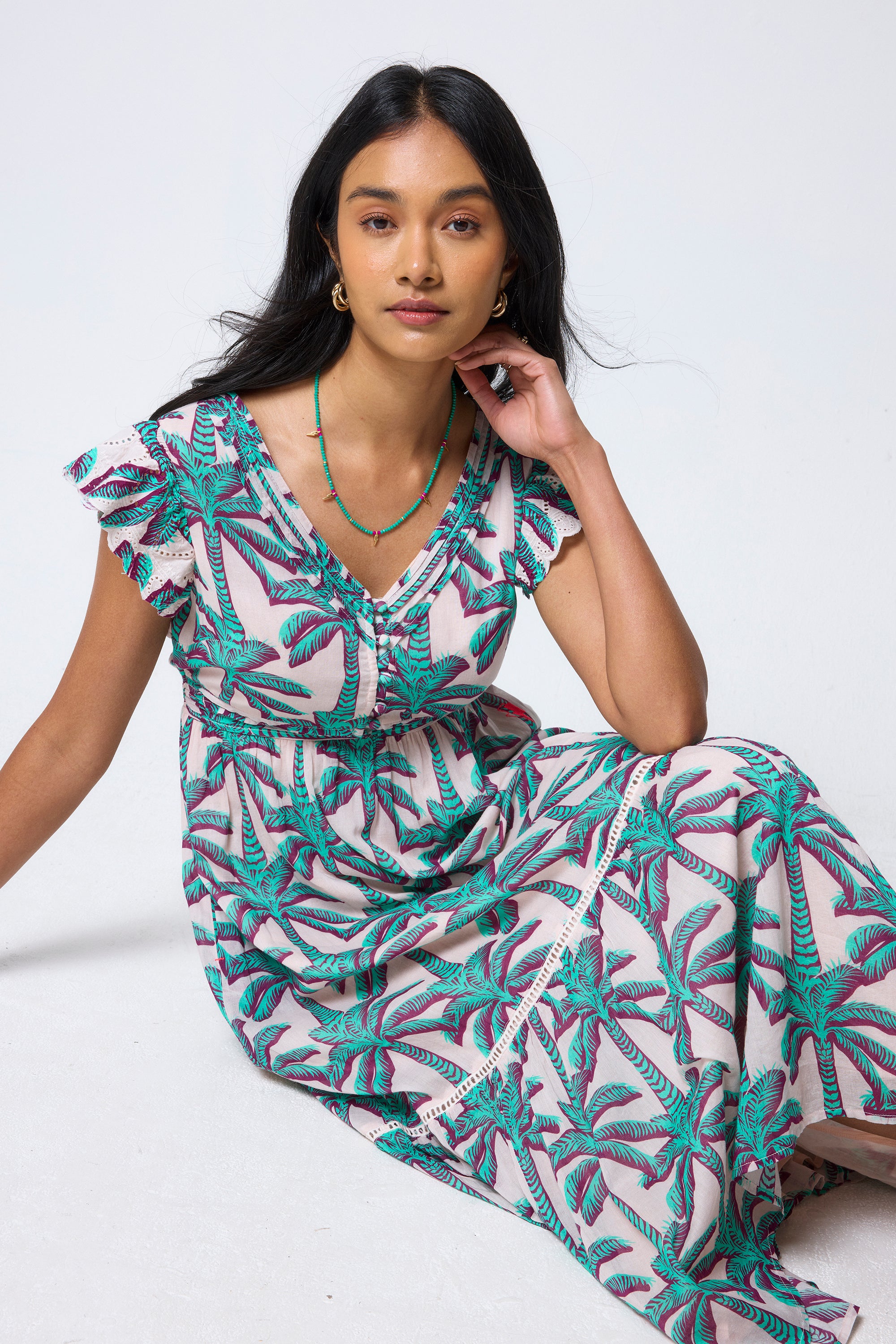 COMING SOON: Cream with Green Shadow Palm Broderie Sleeve Pintuck Midi ...