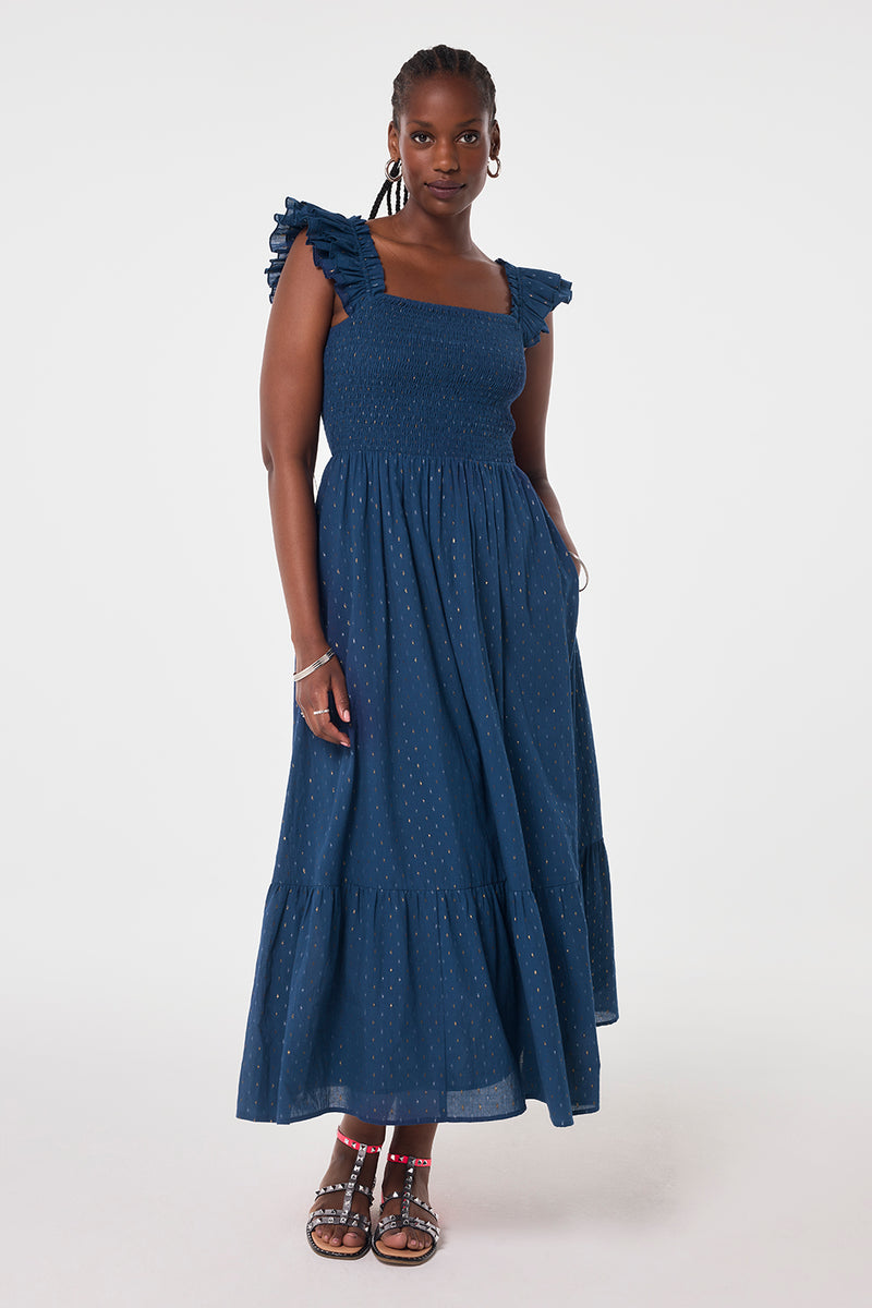 Navy with Gold Lurex Spot Maxi Sundress Scamp & Dude