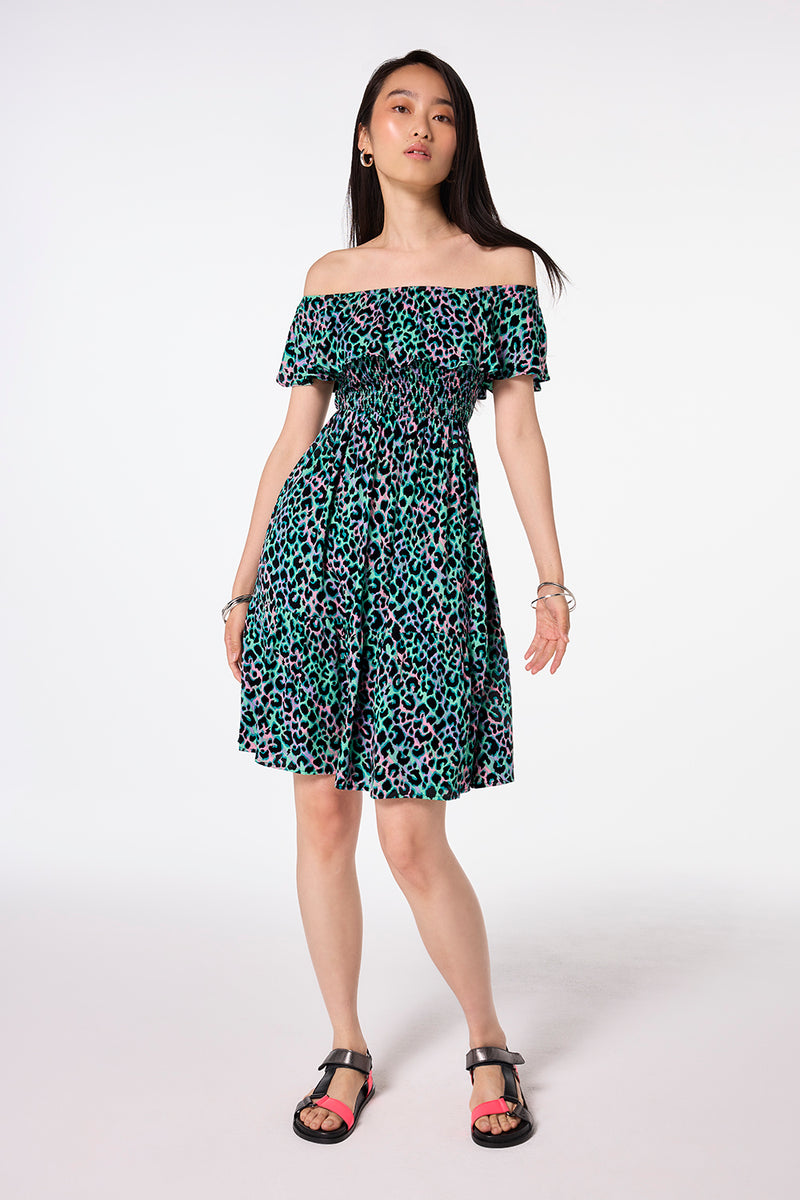 Green with Pink and Black Leopard Short Bardot Dress Scamp & Dude