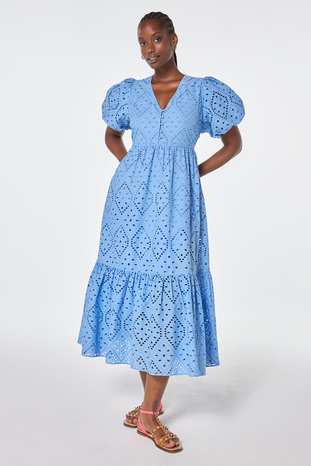Light Blue Broderie Anglaise Puff Sleeve Midi Dress Scamp & Dude