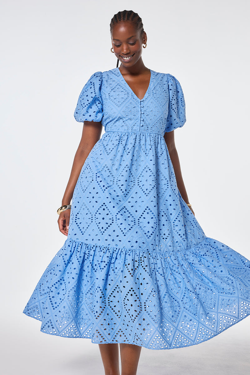 Light Blue Broderie Anglaise Puff Sleeve Midi Dress Scamp & Dude