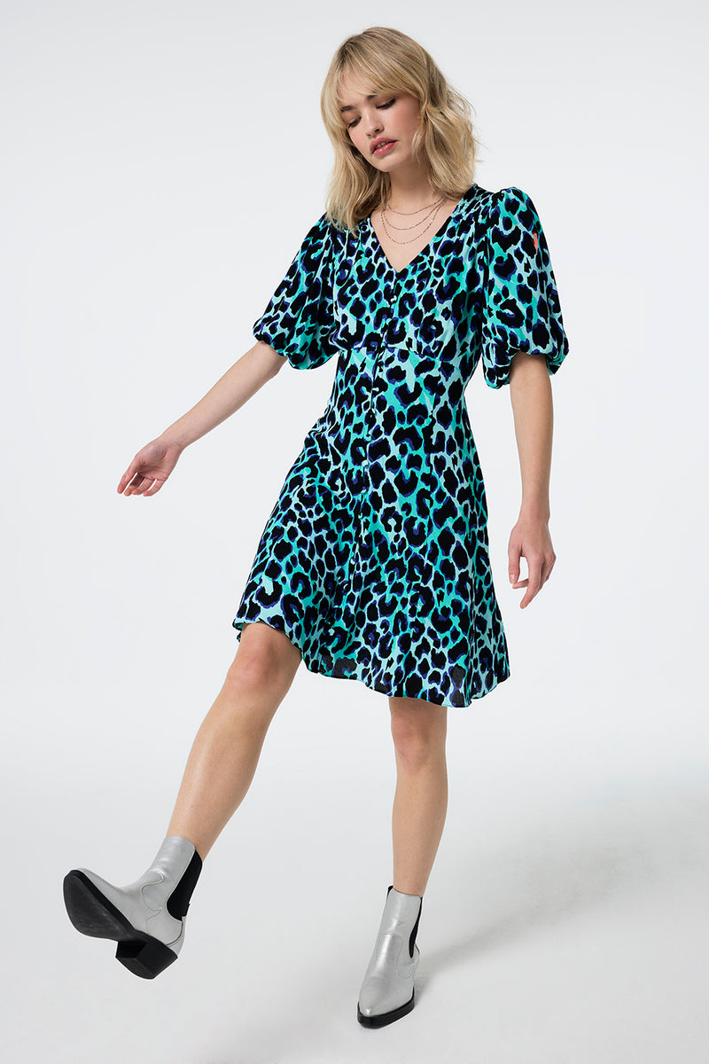 Turquoise with Black and Blue Shadow Leopard Puff Sleeve Short Tea ...
