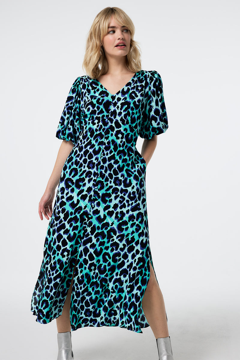 Turquoise with Black and Blue Shadow Leopard Puff Sleeve Midi Tea Dress ...