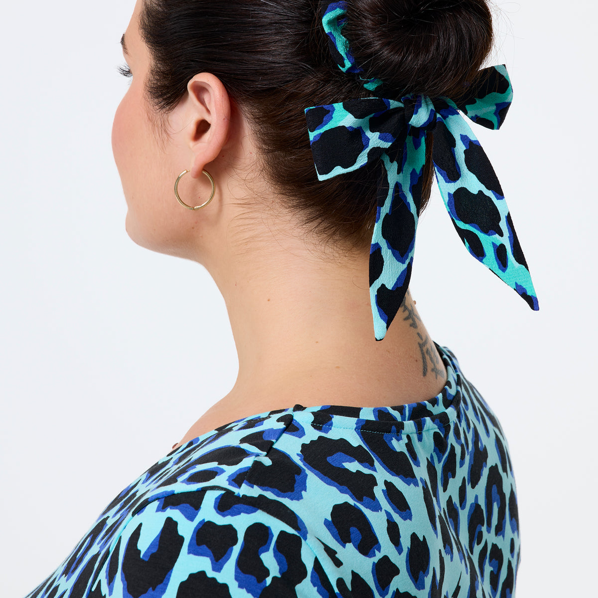 Turquoise with Black and Blue Shadow Leopard Bow Scrunchie Scamp & Dude