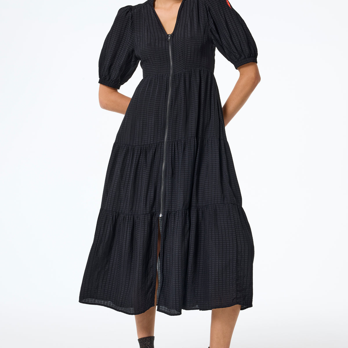 Black Textured Zip Detail Tiered Midi Dress Scamp & Dude
