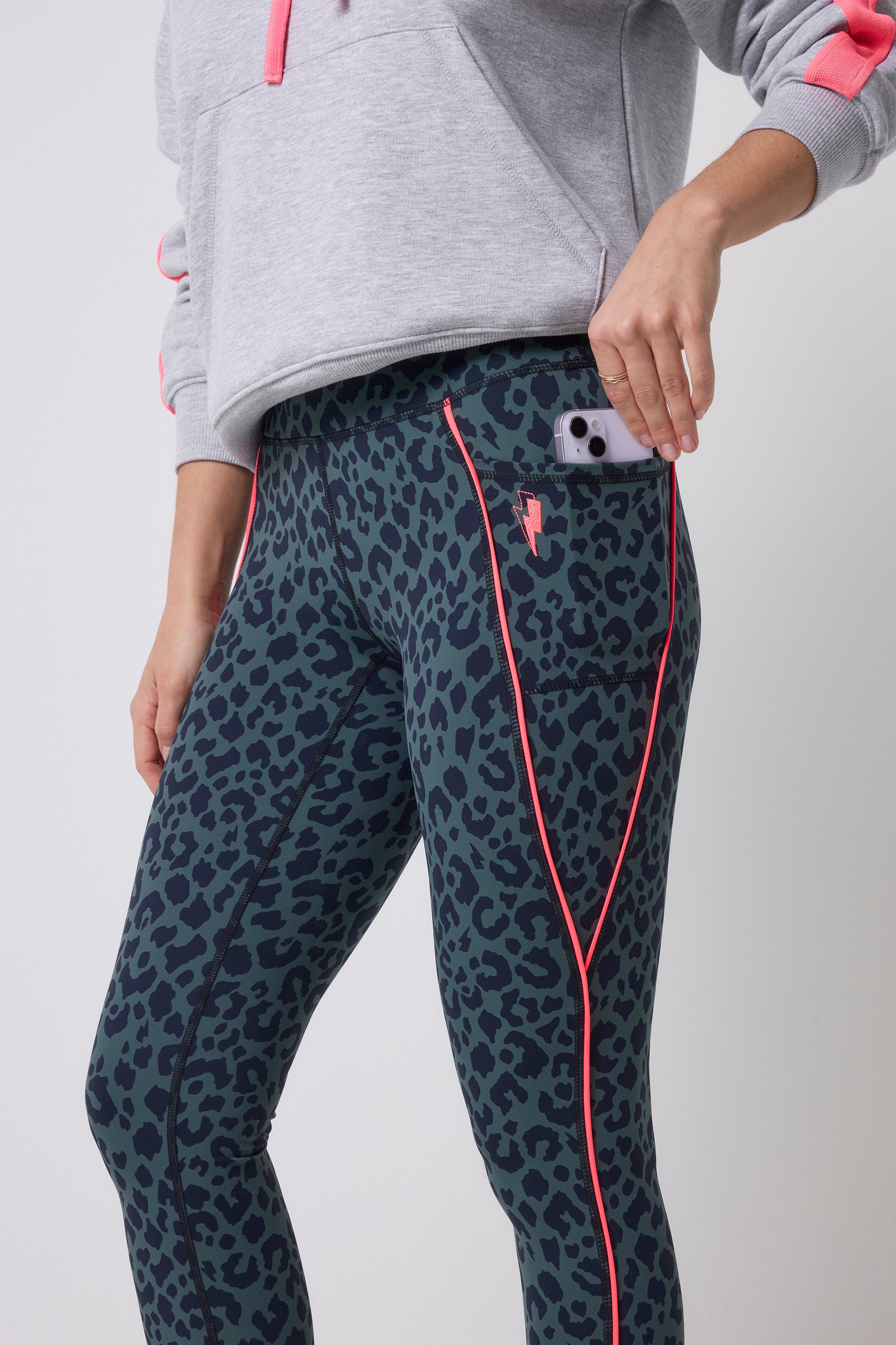 Khaki with Navy Candy Leopard 7/8 Length Active Leggings Scamp & Dude